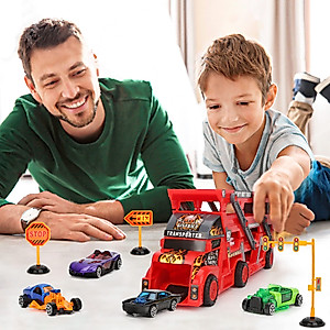 Aoskie Transport Carrier Truck Car Toy with Mini Cars and Road Signs, Hauler Launch Vehicles Play Set Gifts Games for Kids Ages 3-5 Years Old