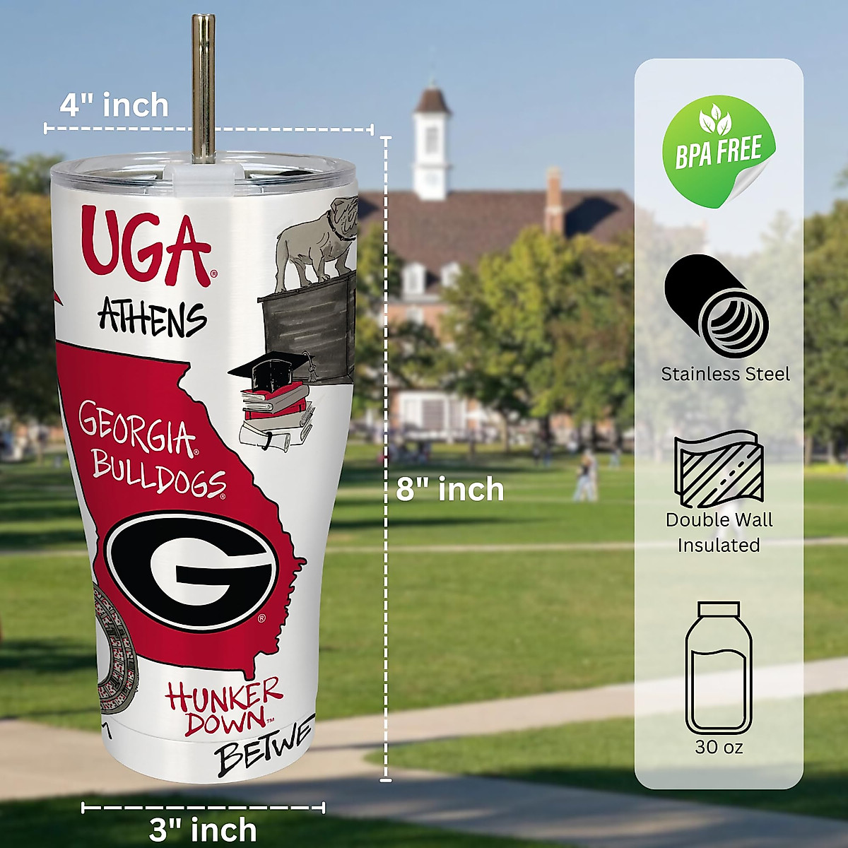 University of Georgia 30oz Stainless Steel 3D Icon Travel Mug– High Performance Double-Walled Thermos w/Convertible Lid & Straw – Insulated Decorative NCAA Beverage Tumbler – For Hot or Cold Drinks