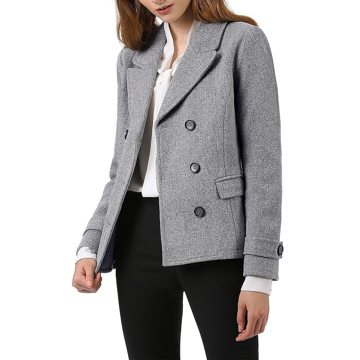 Allegra K Women's Notched Lapel Double Breasted Pea Coat Medium Grey