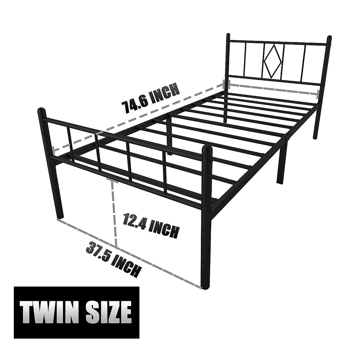 Emiosmt 14 Inch Bed Frame Twin Size with Headboard and Footboard, Heavy Duty Metal Platform Twin Bed Frame, Under bed Storage Space, Steel Slat Support, No Box Spring Needed, Easy Assembly, Black