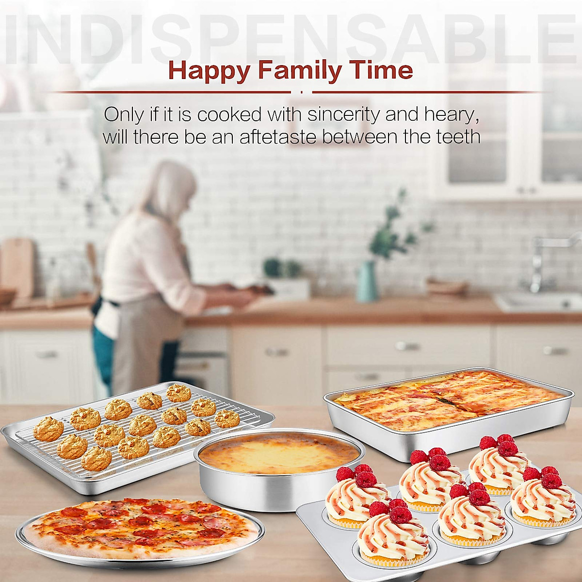 Toaster Oven Bakeware Set, E-far 6-Piece Stainless Steel Small Baking Pan Set, Include Cake Brownie Pan/Cookie Sheet with Rack/Muffin Tin/Pizza Pan, Non-Toxic & Healthy, Easy Clean & Dishwasher Safe