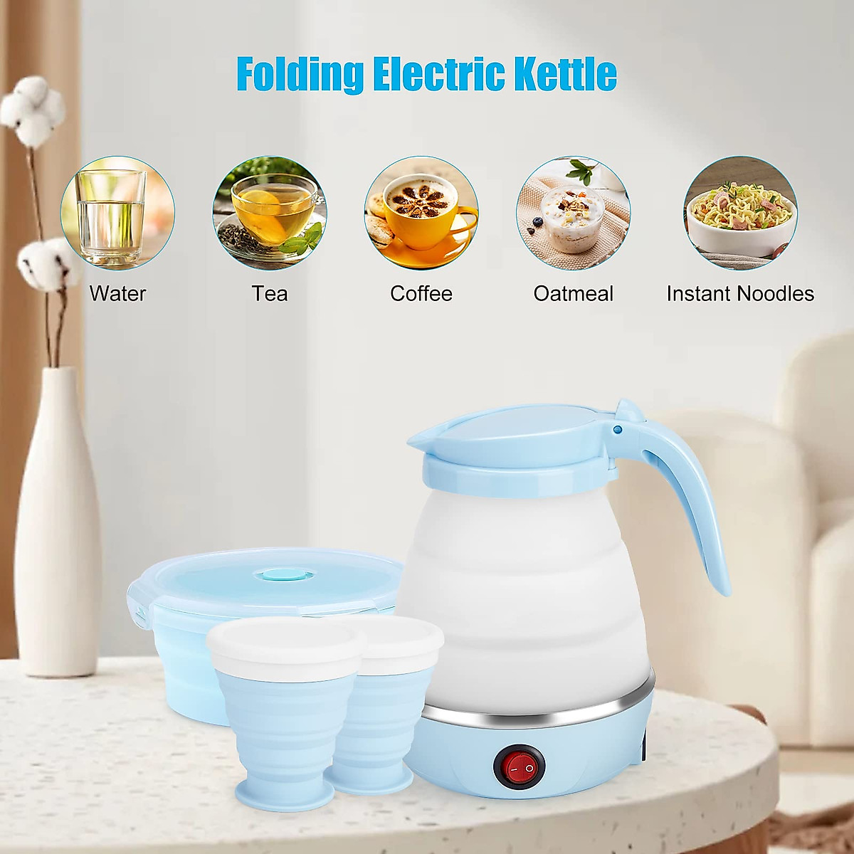 Travel Foldable Electric Kettle, Collapsible Portable Kettle for Fast Water Boiling Tea Coffee, with 1 Collapsible Bowl and 2 Collapsible Cups, Food Grade Silicon, 600ML 110V