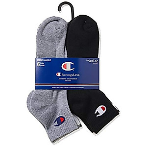 Champion Men's Double Dry Moisture Wicking Ankle Socks 6, 8, 12 Packs Availabe, White/Grey/Black-6 Pack, 6-12