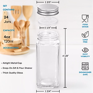 AOZITA 36 Pcs Glass Spice Jars with White Printed Spice Labels - 4oz Empty Square Spice Bottles - Shaker Lids and Airtight Metal Caps - Silicone Collapsible Funnel
