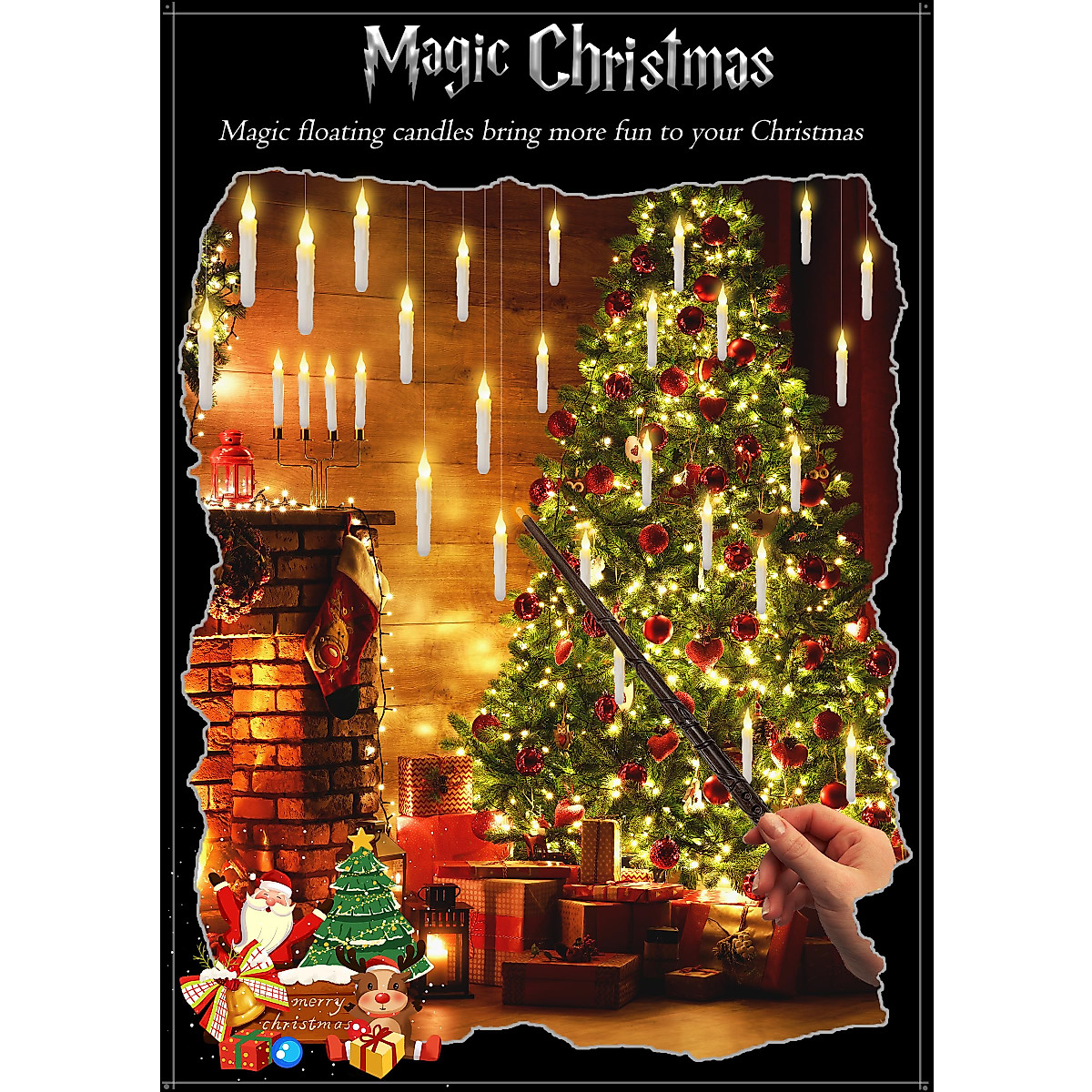 Floating Candles with Wand Remote, 4Pcs Magic Warm Flickering Flameless Hanging Candles,Battery Operated Window LED Taper Lights for Halloween Christmas Decor Home Party