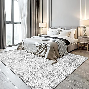 BEIMO Area Rugs 3X5 for Living Room Bedroom, Machine Washable Rug Vintage Floral Print Indoor Floor Cover，Lightweight Non Slip Backing Thin Rug with Gripper, Distressed Cream/Gray