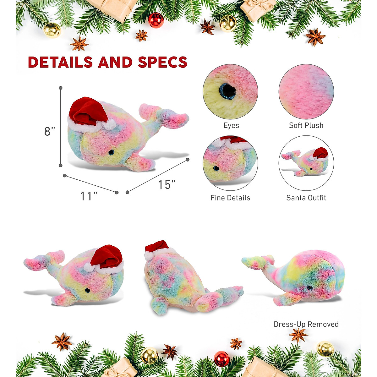 DolliBu Santa Extra Large Rainbow Whale Stuffed Animal Plush Toy - Wild Animal Dress Up with Red Santa Claus Hat, Wildlife Gift, Perfect Holiday with Name Personalization - 15 Inches