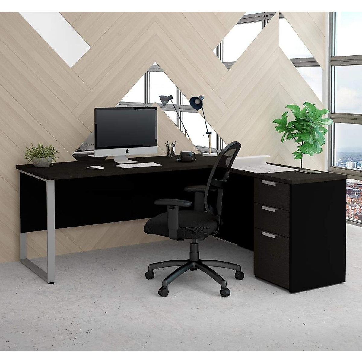 Bestar Pro-Concept Plus L-Shaped Desk with Drawers, Deep Grey & Black