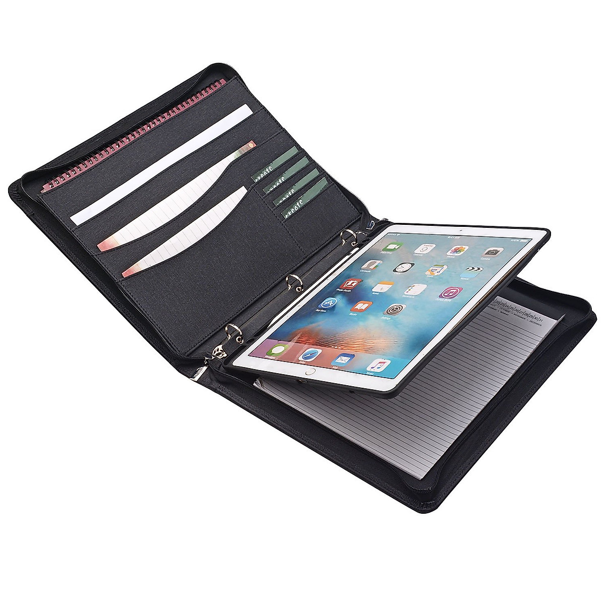 iCarryAlls Zipper Binder Portfolio with iPad Holder Notepad Holder, Organizer Padfolio, Compatible for iPad Pro 12.9" 2022 & 2021 & 2020 & 2018, 11.3 x 14 x 1.6 in. (PJB032-IP129-2018-BK)