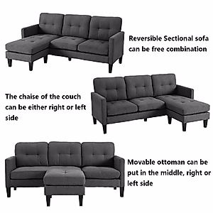 TITIMO Convertible Sectional Sofa Couch, L Shaped Sofa with Reversible Chaise Convertible Sectional Couch 3-Seater Modern Small Couches for Small Space (Grey)