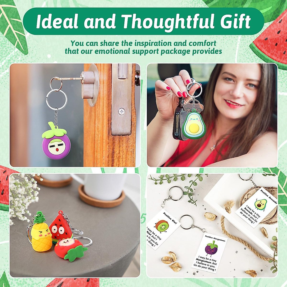 Quelay 30 Sets Positive Inspirational Fruit Keychain Bulk Employee Appreciation Gift Mini Fruit Cards Organza Bag Christmas Gift