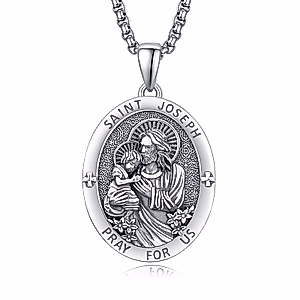 ADMETUS St Joseph Medal for Men 925 Sterling Silver Oval Saint Joseph Pendant Necklace Protection Jewelry Religious Gifts