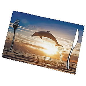 Sunset Dolphin Jumping Over The Water Placemats Set of 6,Table Mats Heat-Resistant Washable Non-Slip Place Mats for Party Family Dining Kitchen Home Wedding Holiday Party Decorations 12 X 18 Inch