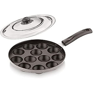 Non Stick Aluminium Appam Pan 12 Cavity With Handel and Stainless Steel Lid - Blak and Silver