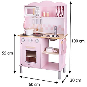 New Classic Toys Wooden Pretend Toy Kitchen for Kids Role Play Included Accessoires Pink Colored - Makes Sound
