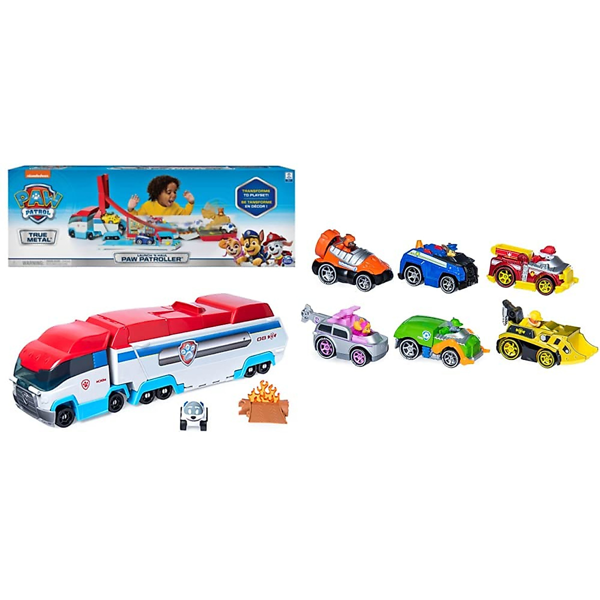 Paw Patrol, True Metal Classic Gift Pack of 6 Collectible DIE-CAST Vehicles, 1: 55 Scale, Launch’N Haul Paw Patroller, Transforming 2-in-1 Track Set for True Metal Die-Cast Vehicles