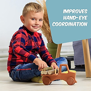 CG Games Wooden Toy Big Truck with Beech Logs and Garage Natural Wood Eco-Friendly Toys for Children Woody Truck Toy Unpainted Durable Wood Car