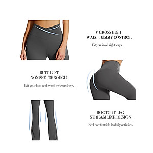 VICUR Women's Flare Yoga Pants V Crossover High Waisted Yoga Pants Non See Through Bootleg Yoga Leggings Grey-XS