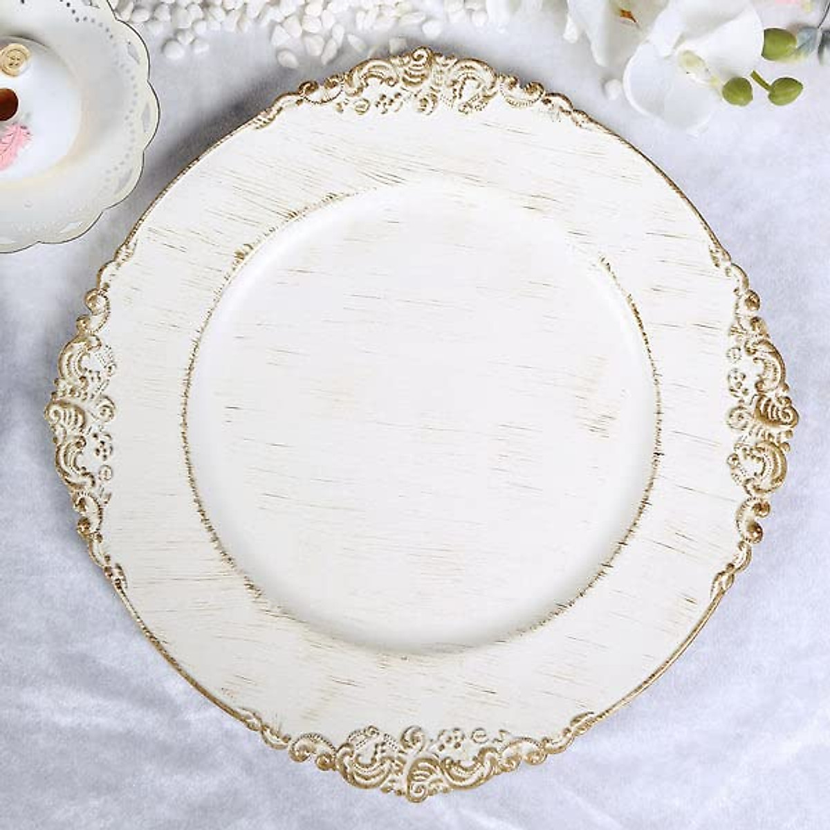 Tableclothsfactory 6 Pack White 13" Round Baroque Charger Plates Leaf Embossed Antique Gold Rim for Tabletop Decor Catering Event