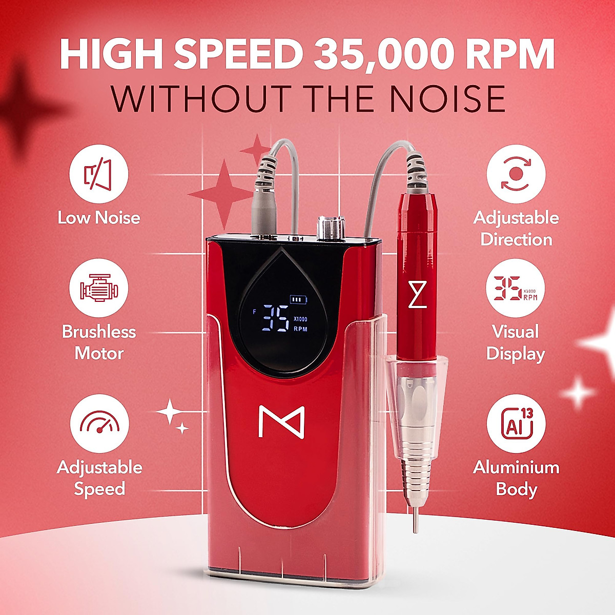 M Max - Nail Drill Professional - 2-in-1 Brushless Motor Nails Drill Machine - Electric, Cordless, Aluminium Alloy Casing, 35000 RPM, HD Display - Perfect for Salon & Home Use (Red)