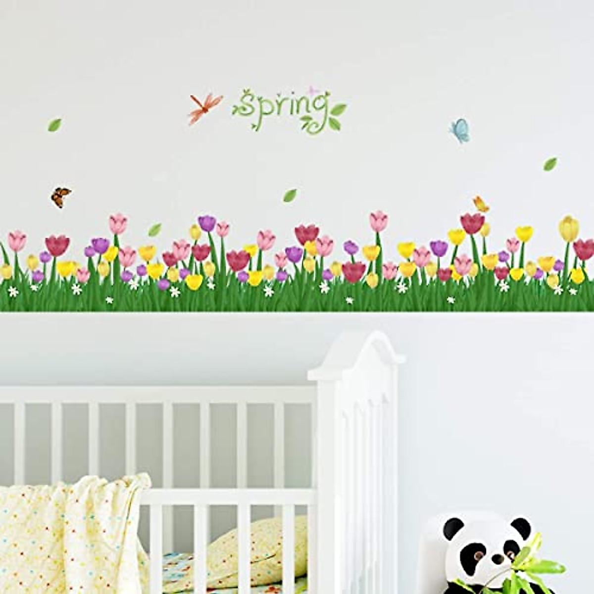 Spring Tulip Wall Decals Flower Grass Wall Stickers Removable DIY Peel and Stick Art Murals for Classroom Bedroom Girls Room Living Room Hallway Kitchen Bathroom Home Decor (Tulip)