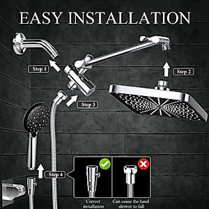 Veken 13.39 Inch High Pressure Rain Shower Head Combo with Extension Arm- Wide Rainfall Showerhead with 5 Handheld Water Spray - Adjustable Dual Showerhead with Anti-Clog Nozzles - Silver Chrome