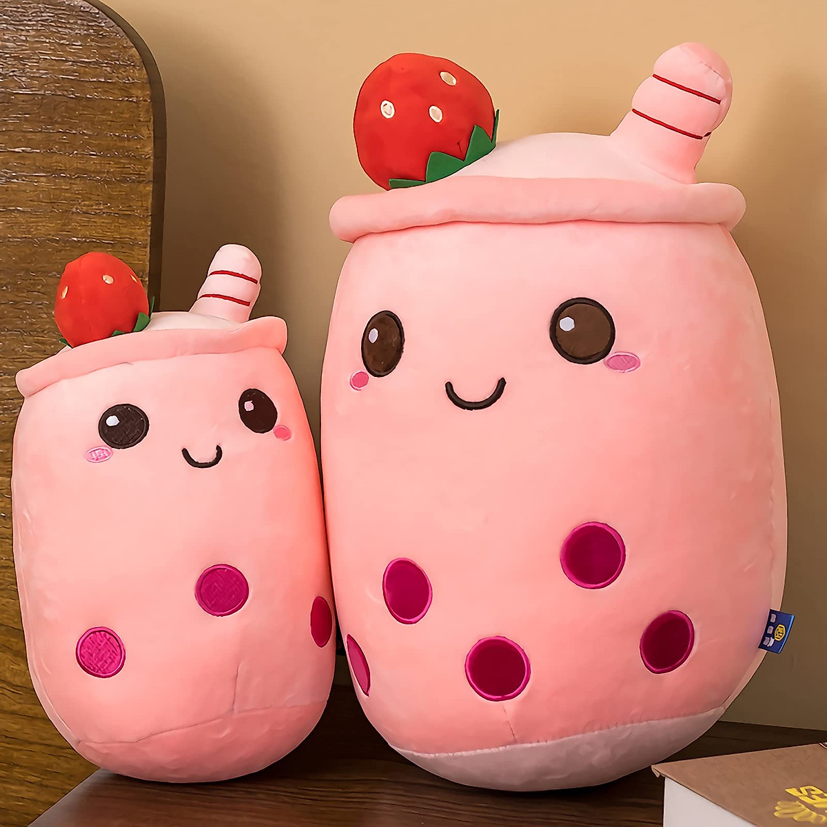VICKYPOP Boba Plush Toy Cute Stuffed Bubble Tea Food Shaped Throw Pillow Cushion Cartoon Fruit Milk Tea Gift for Kids (Pink Open, 9.4 inches)