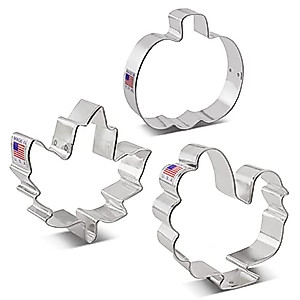 Thanksgiving and Fall Holiday Cookie Cutters 3-Pc. Set Made in USA by Ann Clark, Maple Leaf, Turkey, Pumpkin