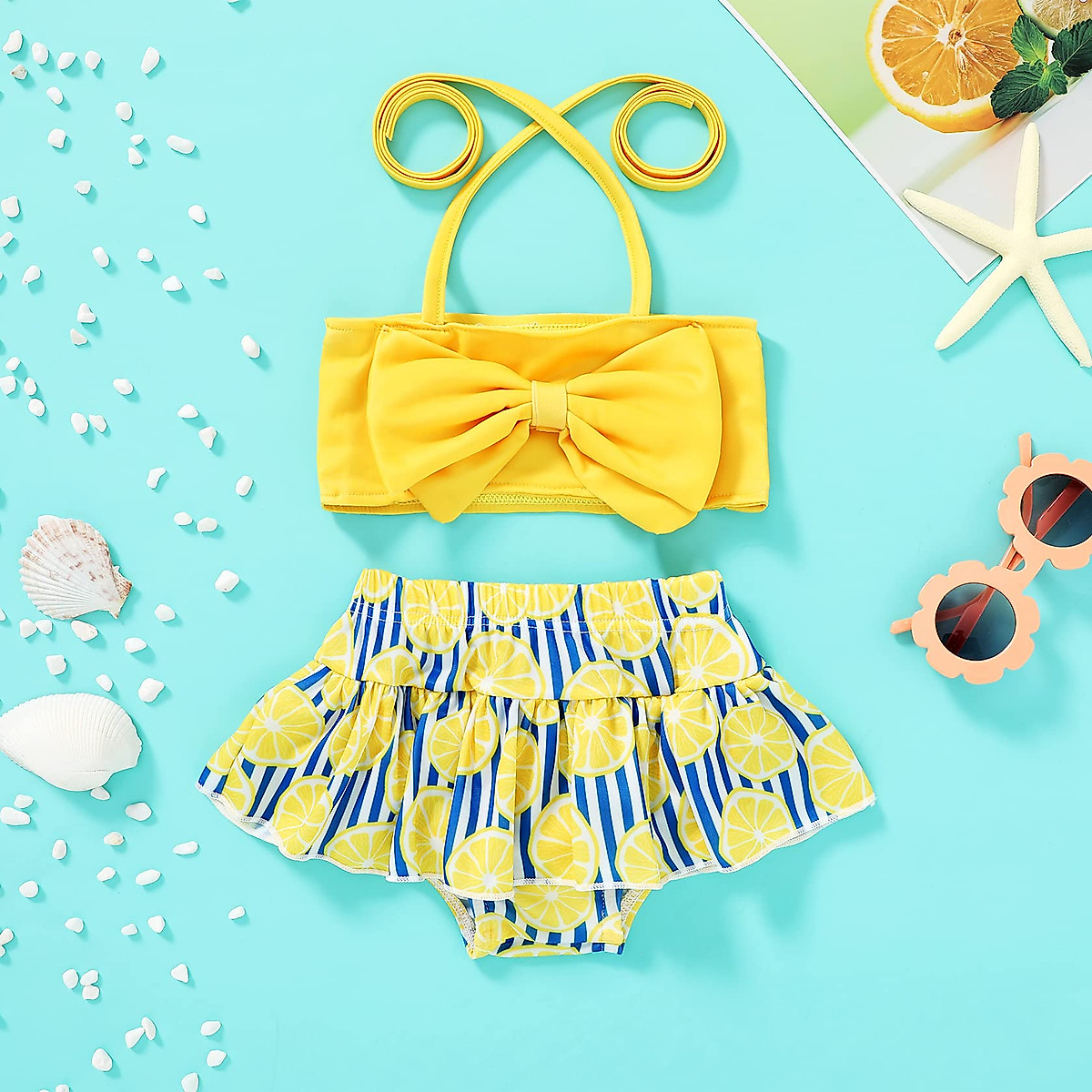 JEELLIGULAR Toddler Baby Girl Swimwear Bowknot Stripe Swimsuit Bathing Suit 2Pcs Bikini Set Outfits Summer (18-24 Months, Lemon)