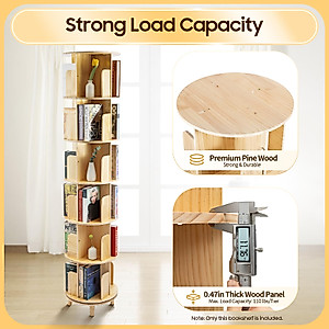 NOPTEG Rotating Bookshelf, 6 Tier Solid Wood 360 Display Floor Standing Bookcase Storage Rack, Free Standing Wood Bookcases for Kids&Adults Multi-Functional Bookshelf Organizer