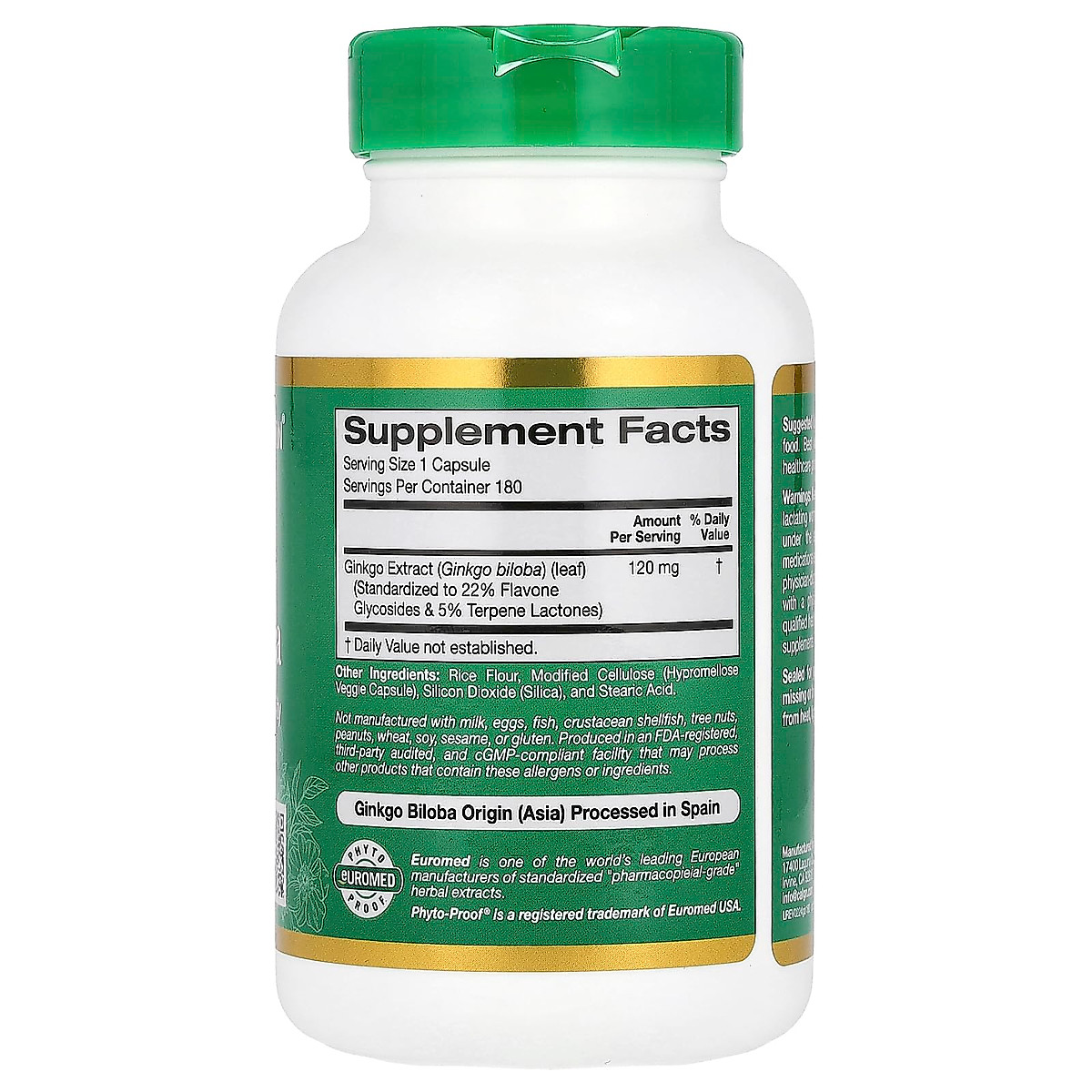 Ginkgo Biloba Extract, EuroHerbs, Supports Cognitive Health, Standardized to 22% Flavone Glycosides, 5% Terpene Lactones, 120 mg, 180 Veggie Capsules