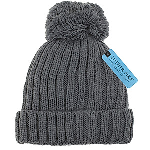 LUTHER PIKE SEATTLE Winter Pom Pom Beanie Hat - Cute Knit Yarn and Warm Fleece-Lined Slouchy Skull Ski Cap for Women - Cool Hair Accessories, Great for Boho, Hipster, and Winter Outfits Dark Grey Gray