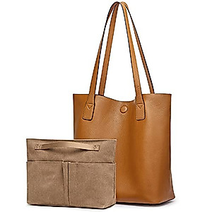 S-ZONE Genuine Leather Tote Bag for Women Soft Shoulder Handbag Ladies Purse with Canvas Pouch