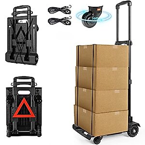 Folding Hand Truck Trolley 80Kg/176Lbs Heavy Duty Luggage Utility Cart with Rotate 4 Wheels Warning Sign Telescoping Handle Portable Fold Up Dolly Bungee Cord for Moving Shopping Travel(Black Pro)