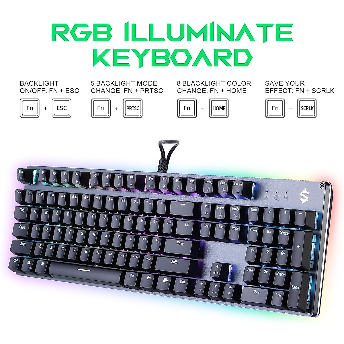 Black Shark Red Switch Mechanical Keyboard, 104 Keys Gaming Keyboard with RGB Backlit Quiet Computer Keyboard, All-Metal Panel, USB Wired Keyboard for PC Windows Mac Gamers