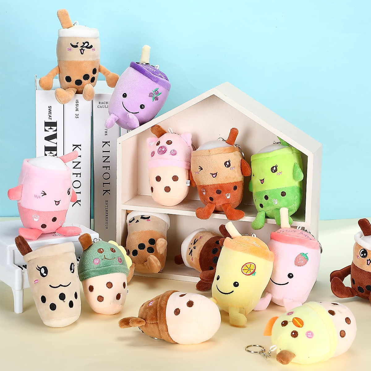 Jerify 16 Pcs Boba Tea Keychain Plush Bubble Tea Stuffed Animal Milk Tea Boba Plush Toy for Birthday Party Boba Lover(Animal)