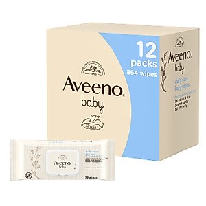 AVEENO Baby Daily Care Wipes - Cleanse Gently and Efficiently - Baby Wipes - Baby Essentials - 72 Wipes, Lid On Each Pack, Pack of 12 (864 Wipes in Total)