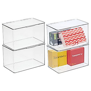 mDesign Small Plastic Home Office Storage Organizer Box Containers with Hinged Lid for Desktops - Holds Pens, Pencils, Sticky Notes, Highlighters, Staples, Supplies - Lumiere Collection, 4 Pack, Clear