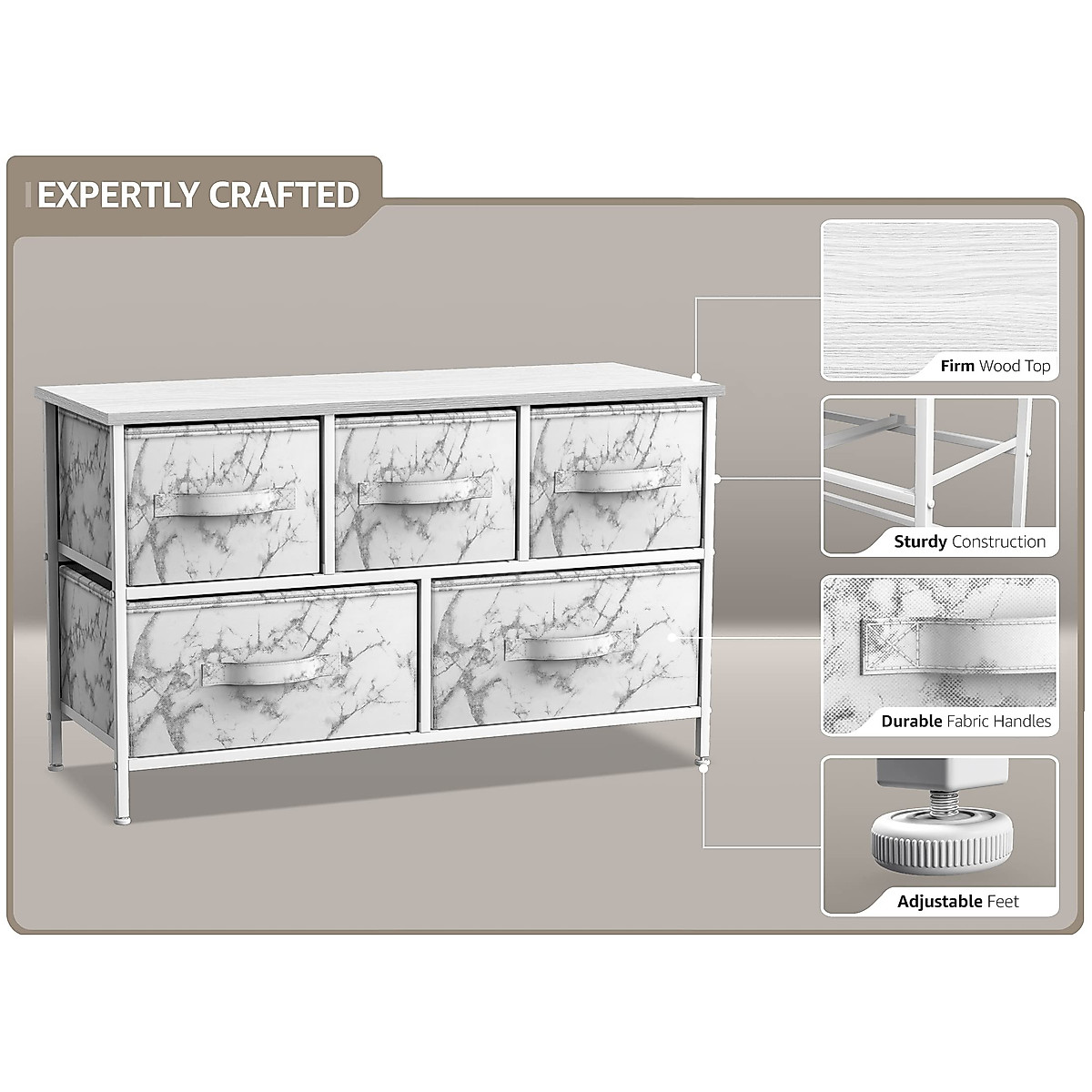 Sorbus Dresser with 5 Drawers - Storage Chest Organizer Unit with Steel Frame, Wood Top, Easy Pull Fabric Bins - Long Wide TV Stand for Bedroom Furniture, Hallway, Closet & Office Organization