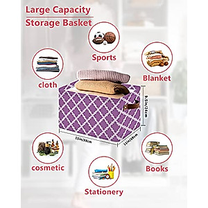 Storage Basket,Geometric Art Moroccan Check Collapsible Storage Bin with Handles Waterproof Foldable Cube Bins Purple Large Organizer Baskets for Shelves Closet Nursery