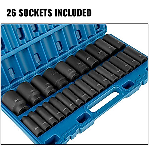 VEVOR Impact Socket Set 1/2 Inches 26 Piece Deep Sockets, , 6-Point , Rugged Construction, Cr-V, 1/2 Inches Drive Socket Set Impact Metric 10mm - 36mm, with a Storage Cage