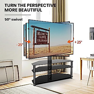 TV Floor Stand with Three Media Pallet Universal TV Stand Height Adjustment Visual Angle Rotation TV Mount Fit 32 inch to 70 inch TV Black Tempered Glass