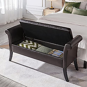 Yaheetech 52in Ottoman Bench Folding Storage Ottoman Bench Tufted Faux Leather Entryway Bench with Arms Footstool with Large Storage Foot Rest Seat Rolled Arms Cushioned Ottoman Dark Brown