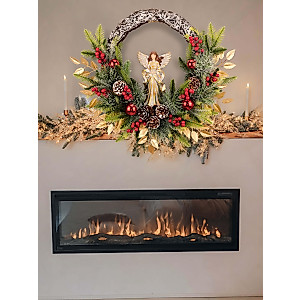 24" Angel Christmas Wreath, Artificial Holiday Wreath with Resin Angel Statue, Natural Rattan Ring & Pine Cones, Golden Leaves, Red Baubles, Spruce Branches, Snowy Pine Needles (Angel)