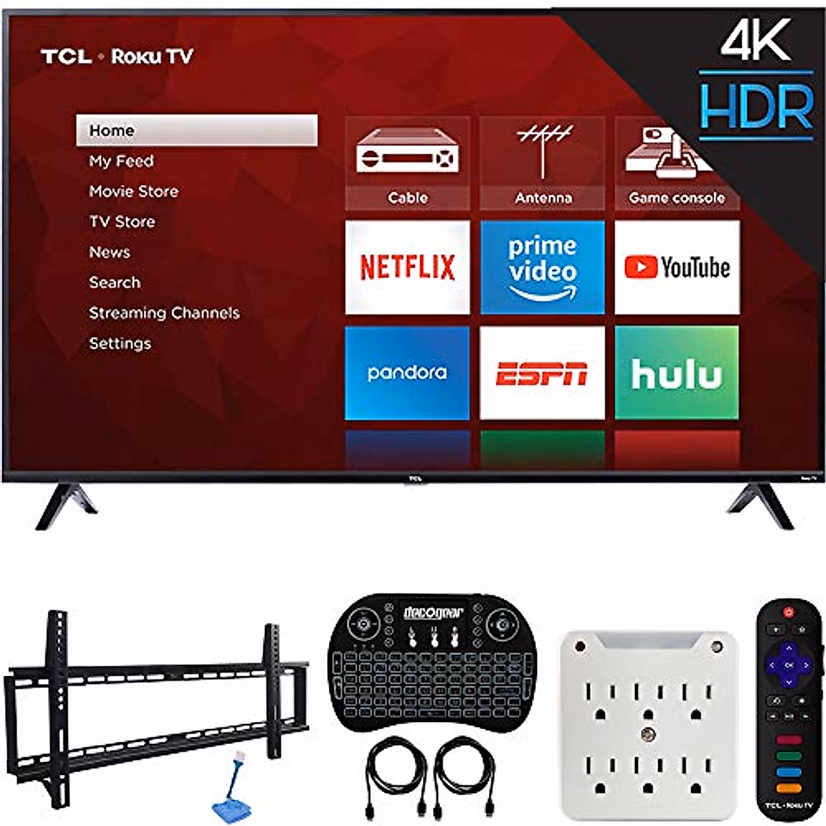 TCL 65S425 65-inch 4-Series 4K Ultra HD Roku Smart TV Bundle with 37-70-inch Low Profile Wall Mount Kit, Deco Gear Wireless Keyboard and 6-Outlet Surge Adapter with Night Light