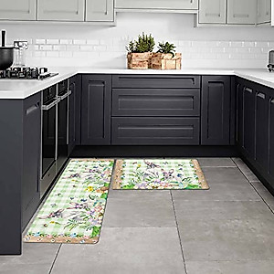Greday Plaid Green 2 PCS Cushioned Anti-Fatigue Kitchen Mats and Rugs,Spring Holiday Colored Eggs Easter Egg Bunny Daisy Floral Absorbent 18inchx 30inch+ 18inchx 48inch