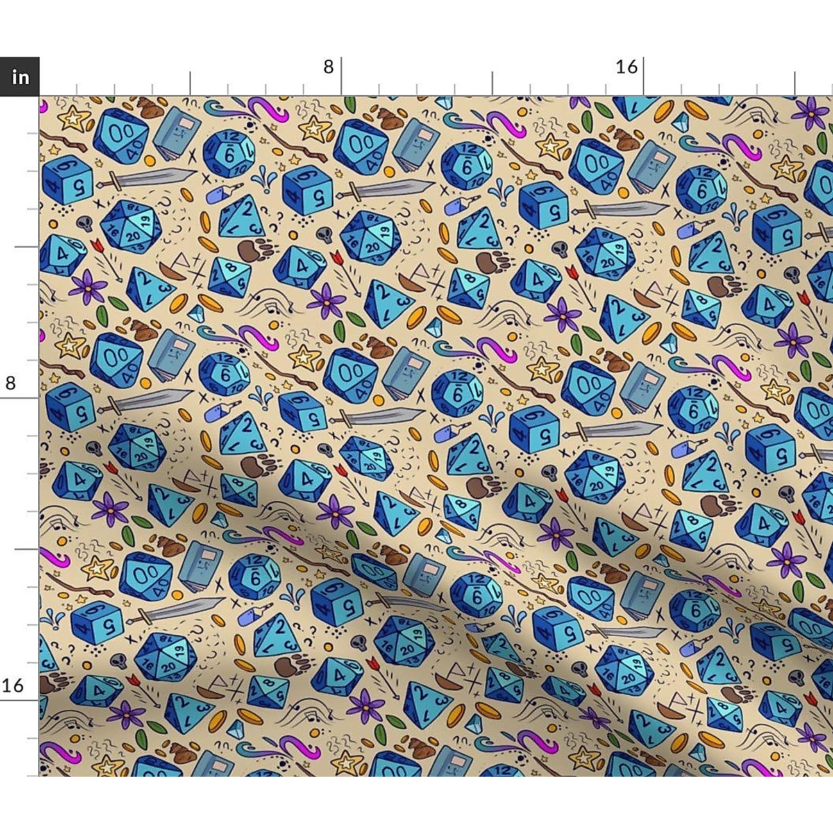 Spoonflower Fabric - Blue Fantasy Illustration Sword Dice Dragons Printed on Petal Signature Cotton Fabric Fat Quarter - Sewing Quilting Apparel Crafts Decor