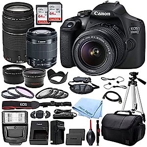 Canon EOS 2000D (Rebel T7) DSLR Camera with EF-S 18-55mm DC III & 75-300mm III Lenses & Deluxe Accessory Bundle – Includes: 2X SanDisk Ultra 64GB SDHC Memory Card, Spare Battery, & More (Renewed)