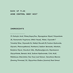 Versed Back-Up Acne Control Body Mist - All Over Blemish Spot Treatment + Salicylic Acid Spray with Tea Tree Oil & Witch Hazel - Oil Control + Redness Relief Acne Spray for Back & Body - Vegan (3 oz)