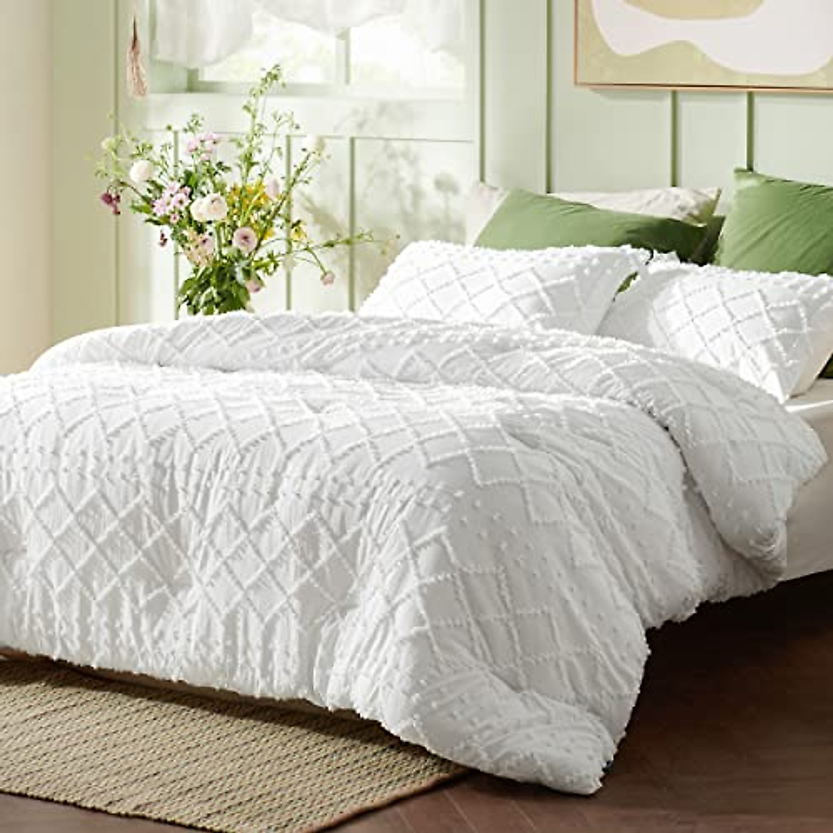 Bedsure Boho Comforter Set King - White Tufted Shabby Chic Bedding Comforter Set for All Seasons, 3 Pieces Western Comforter Set, Farmhouse Modern Bed Set for Women Men Girls